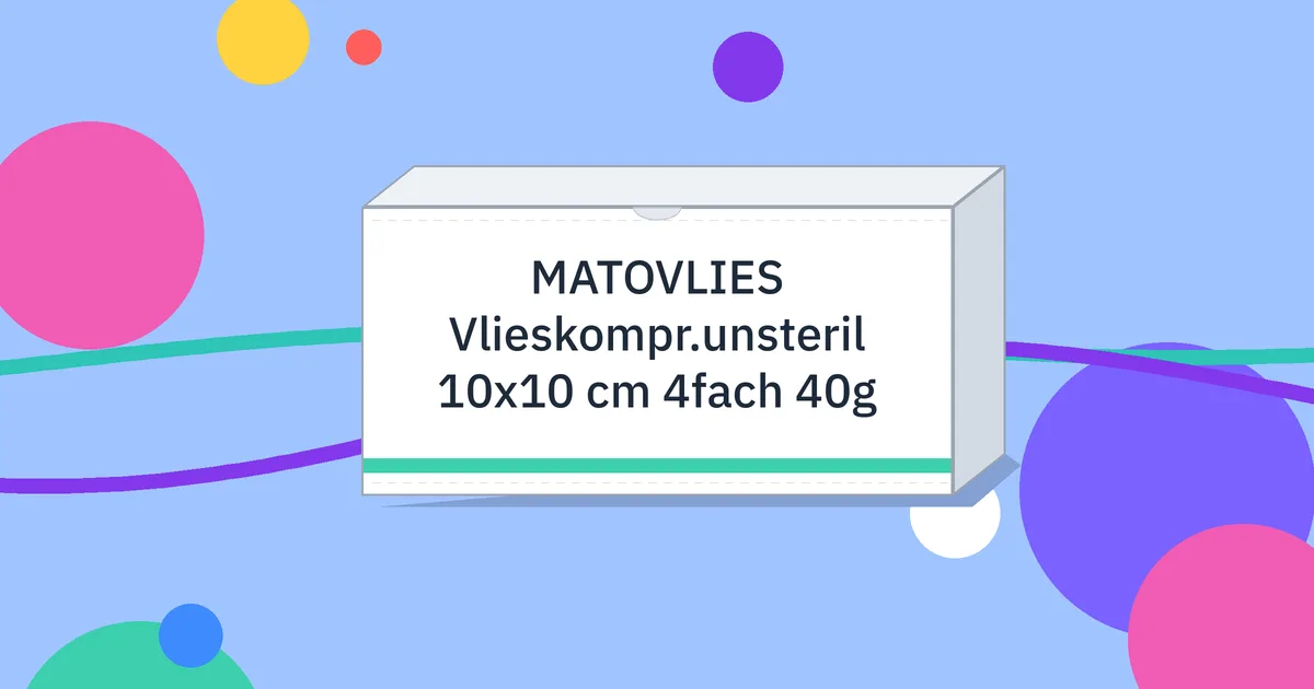 Symbolbild: Packung mit der Aufschrift MATOVLIES Vlieskompr.unsteril 10x10 cm 4fach 40g (PZN 16327370) – Verfügbarkeit und Bezug in Apotheken in Frankfurt am Main