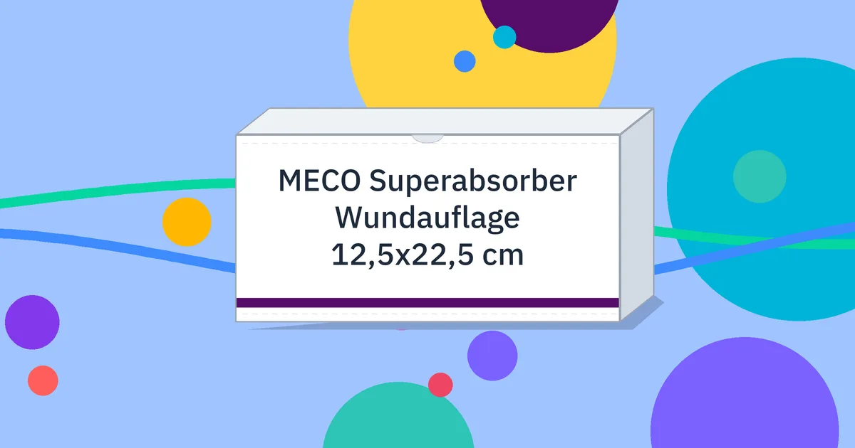 Symbolbild: Packung mit der Aufschrift MECO Superabsorber Wundauflage 12,5x22,5 cm (PZN 17969142) – Verfügbarkeit und Bezug in Apotheken in Frankfurt am Main
