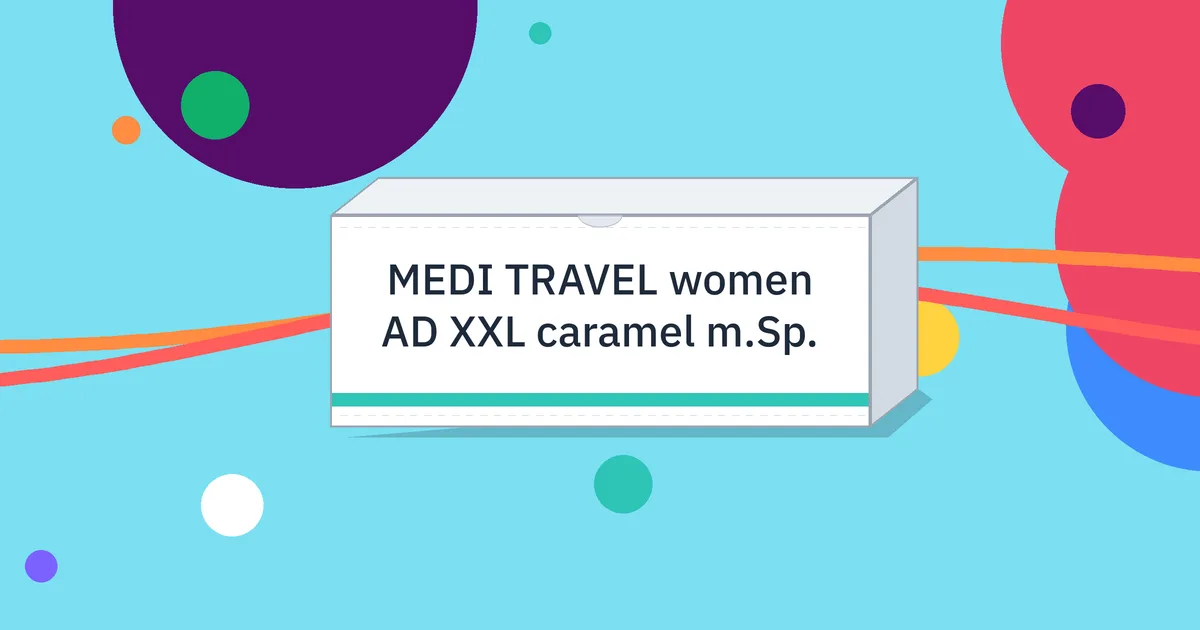 Symbolbild: Packung mit der Aufschrift MEDI TRAVEL women AD XXL caramel m.Sp. (PZN 15198002) – Verfügbarkeit und Bezug in Apotheken in Frankfurt am Main