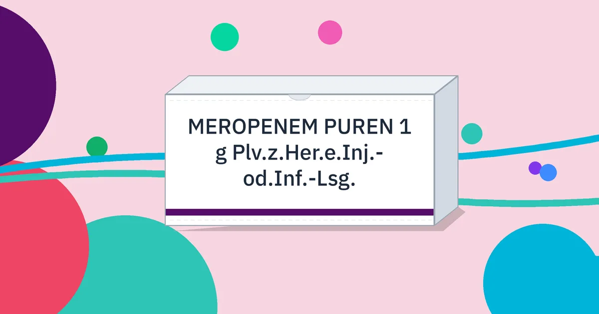 Symbolbild: Packung mit der Aufschrift MEROPENEM PUREN 1 g Plv.z.Her.e.Inj.- od.Inf.-Lsg. (PZN 07414845) – Verfügbarkeit und Bezug in Apotheken in Frankfurt am Main
