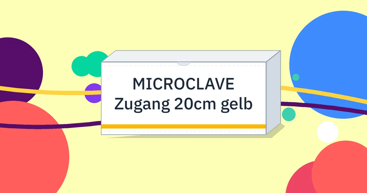 Symbolbild: Packung mit der Aufschrift MICROCLAVE Zugang 20cm gelb (PZN 18499342) – Verfügbarkeit und Bezug in Apotheken in Frankfurt am Main