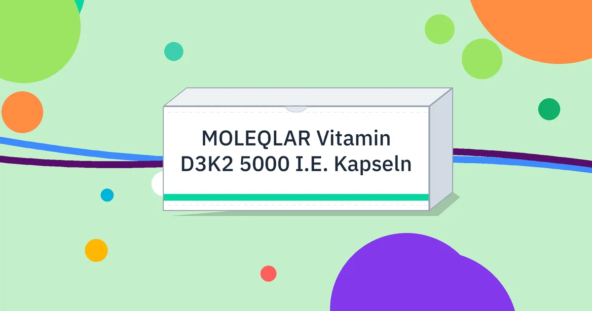 Symbolbild: Packung mit der Aufschrift MOLEQLAR Vitamin D3K2 5000 I.E. Kapseln (PZN 20584434) – Verfügbarkeit und Bezug in Apotheken in Frankfurt am Main