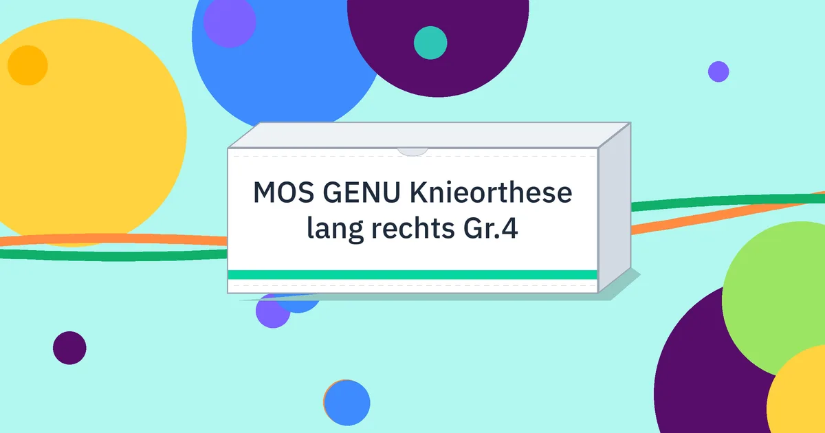 Symbolbild: Packung mit der Aufschrift MOS GENU Knieorthese lang rechts Gr.4 (PZN 03142189) – Verfügbarkeit und Bezug in Apotheken in Frankfurt am Main