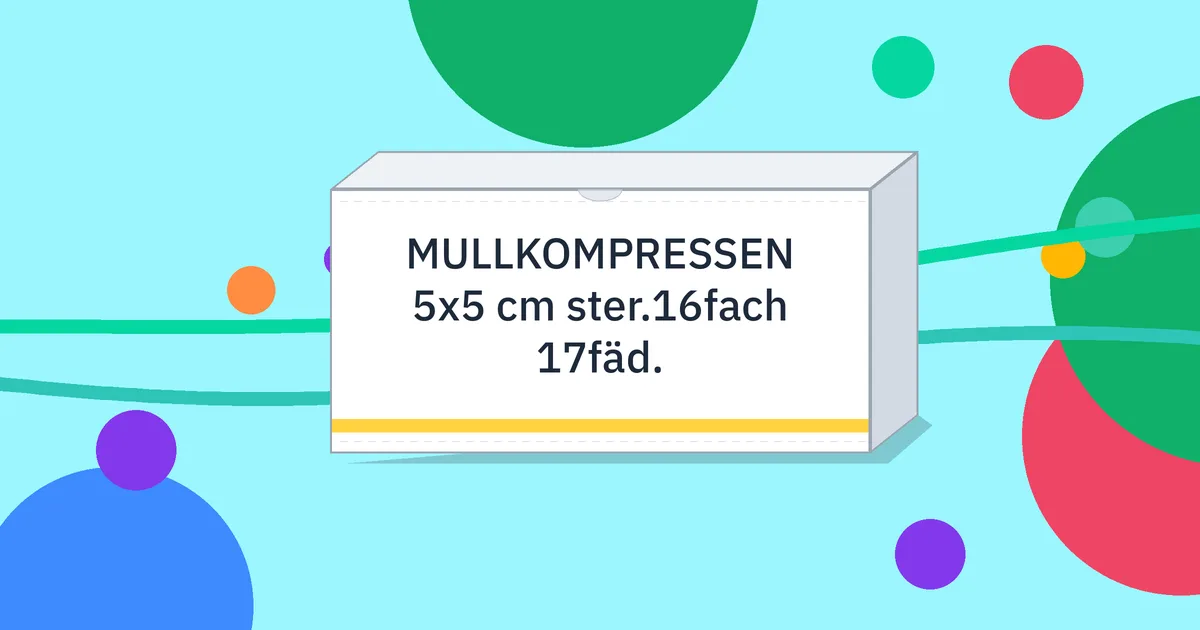 Symbolbild: Packung mit der Aufschrift MULLKOMPRESSEN 5x5 cm ster.16fach 17fäd. (PZN 06930906) – Verfügbarkeit und Bezug in Apotheken in Frankfurt am Main