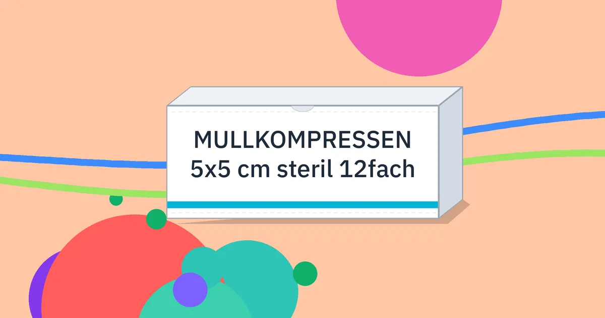 Symbolbild: Packung mit der Aufschrift MULLKOMPRESSEN 5x5 cm steril 12fach (PZN 12348955) – Verfügbarkeit und Bezug in Apotheken in Frankfurt am Main