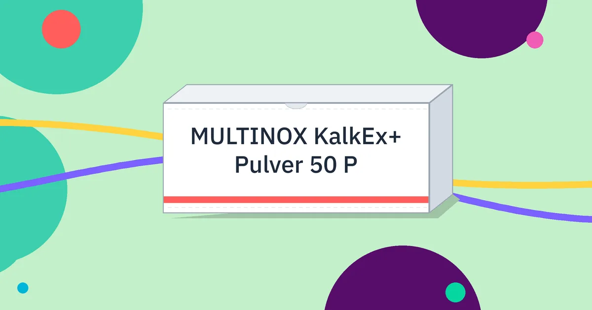 Symbolbild: Packung mit der Aufschrift MULTINOX KalkEx+ Pulver 50 P (PZN 15393991) – Verfügbarkeit und Bezug in Apotheken in Frankfurt am Main