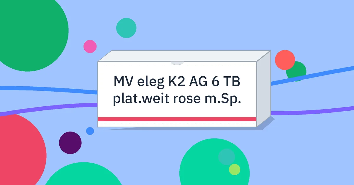Symbolbild: Packung mit der Aufschrift MV eleg K2 AG 6 TB plat.weit rose m.Sp. (PZN 14699015) – Verfügbarkeit und Bezug in Apotheken in Frankfurt am Main