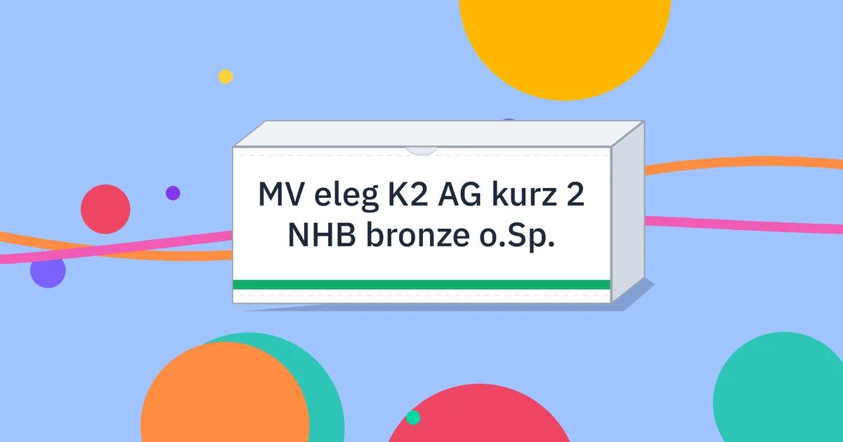 Symbolbild: Packung mit der Aufschrift MV eleg K2 AG kurz 2 NHB bronze o.Sp. (PZN 15716402) – Verfügbarkeit und Bezug in Apotheken in Frankfurt am Main