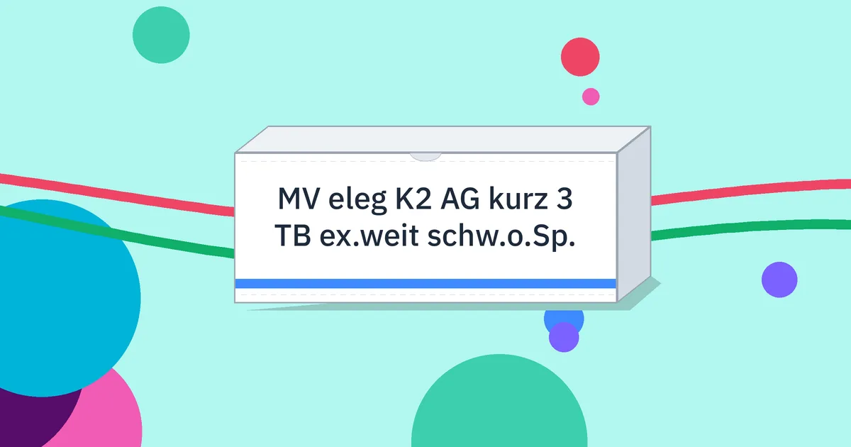 Symbolbild: Packung mit der Aufschrift MV eleg K2 AG kurz 3 TB ex.weit schw.o.Sp. (PZN 09880913) – Verfügbarkeit und Bezug in Apotheken in Frankfurt am Main