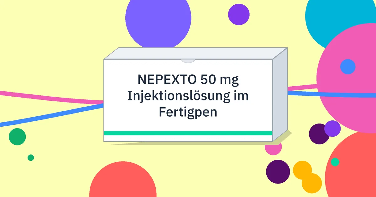 Symbolbild: Packung mit der Aufschrift NEPEXTO 50 mg Injektionslösung im Fertigpen (PZN 17838724) – Verfügbarkeit und Bezug in Apotheken in Frankfurt am Main