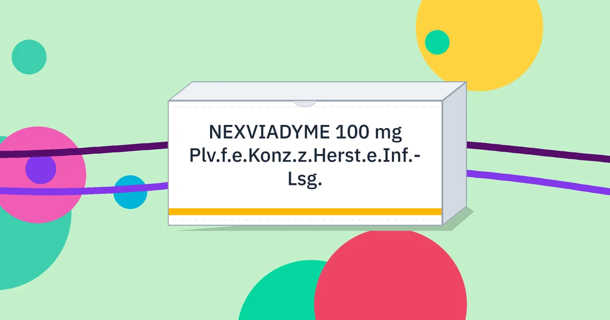 Symbolbild: Packung mit der Aufschrift NEXVIADYME 100 mg Plv.f.e.Konz.z.Herst.e.Inf.-Lsg. (PZN 20636295) – Verfügbarkeit und Bezug in Apotheken in Frankfurt am Main