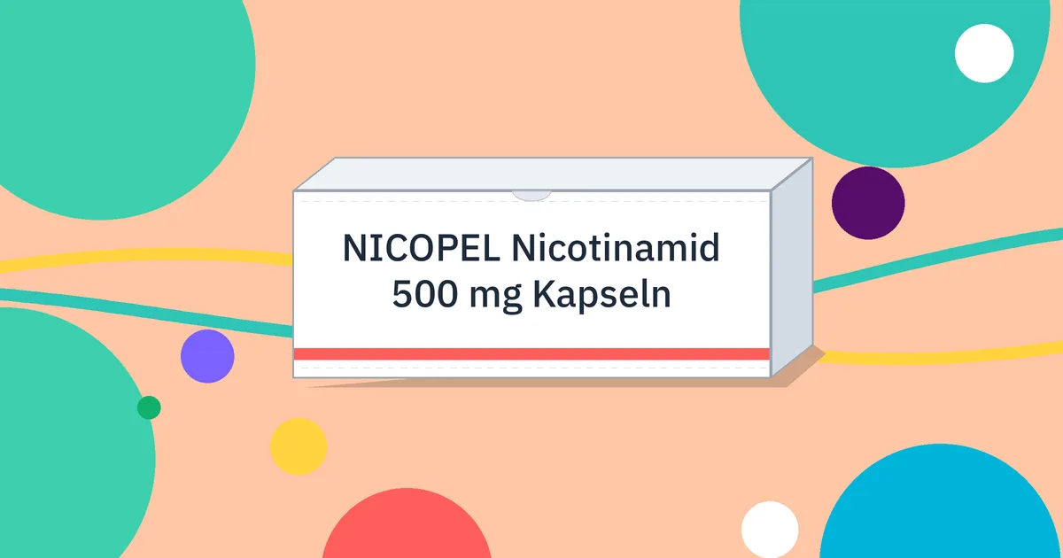 Symbolbild: Packung mit der Aufschrift NICOPEL Nicotinamid 500 mg Kapseln (PZN 15373706) – Verfügbarkeit und Bezug in Apotheken in Frankfurt am Main