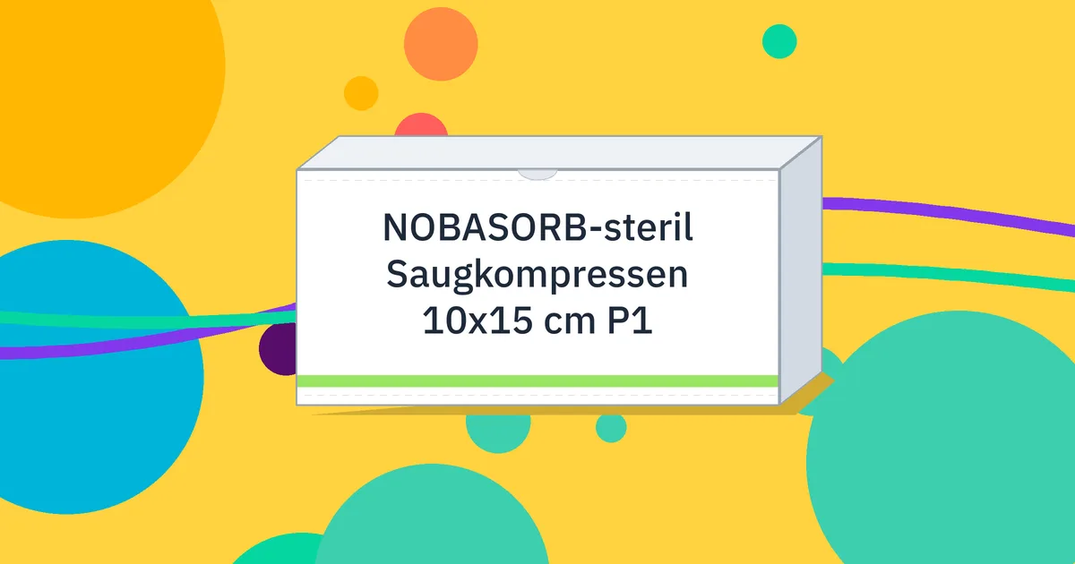 Symbolbild: Packung mit der Aufschrift NOBASORB-steril Saugkompressen 10x15 cm P1 (PZN 13981666) – Verfügbarkeit und Bezug in Apotheken in Frankfurt am Main