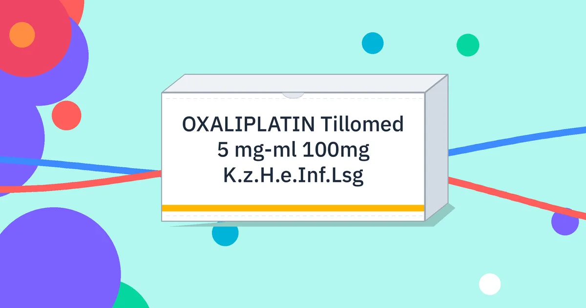 Symbolbild: Packung mit der Aufschrift OXALIPLATIN Tillomed 5 mg-ml 100mg K.z.H.e.Inf.Lsg (PZN 12571452) – Verfügbarkeit und Bezug in Apotheken in Frankfurt am Main
