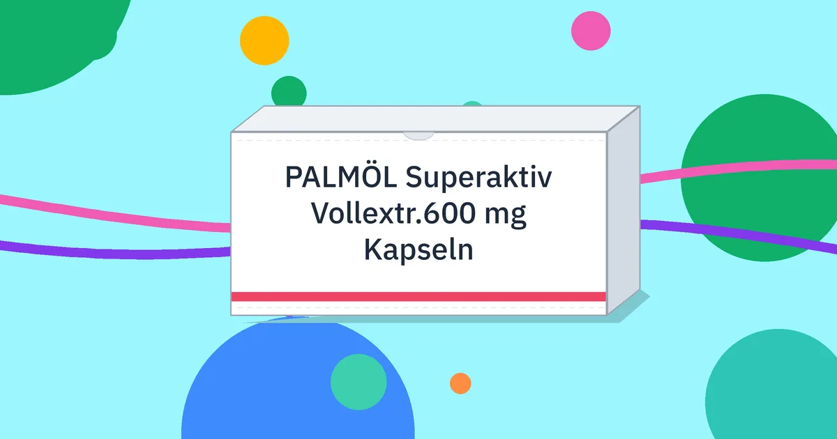 Symbolbild: Packung mit der Aufschrift PALMÖL Superaktiv Vollextr.600 mg Kapseln (PZN 13695653) – Verfügbarkeit und Bezug in Apotheken in Frankfurt am Main