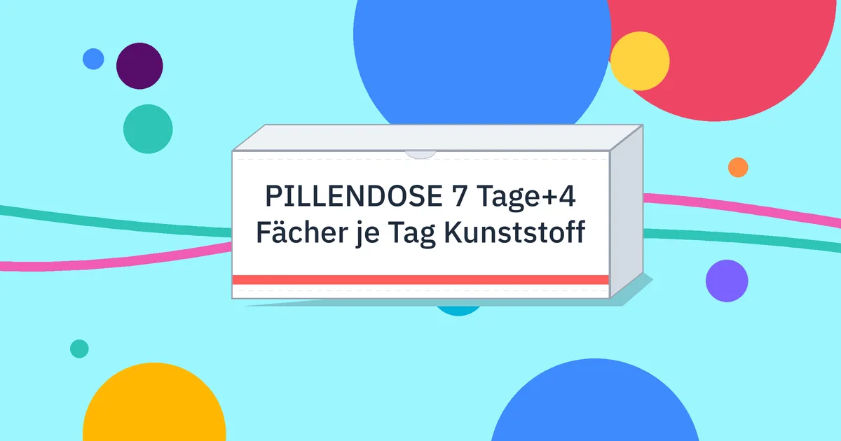 Symbolbild: Packung mit der Aufschrift PILLENDOSE 7 Tage+4 Fächer je Tag Kunststoff (PZN 01596354) – Verfügbarkeit und Bezug in Apotheken in Frankfurt am Main