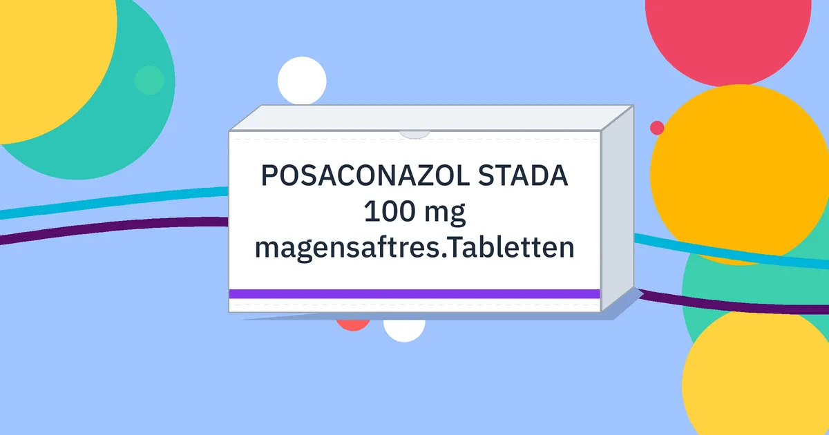 Symbolbild: Packung mit der Aufschrift POSACONAZOL STADA 100 mg magensaftres.Tabletten (PZN 16823229) – Verfügbarkeit und Bezug in Apotheken in Frankfurt am Main