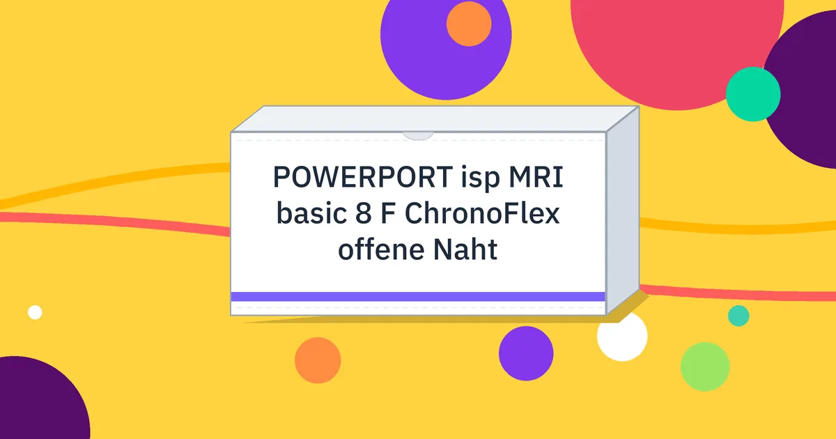 Symbolbild: Packung mit der Aufschrift POWERPORT isp MRI basic 8 F ChronoFlex offene Naht (PZN 09723668) – Verfügbarkeit und Bezug in Apotheken in Frankfurt am Main
