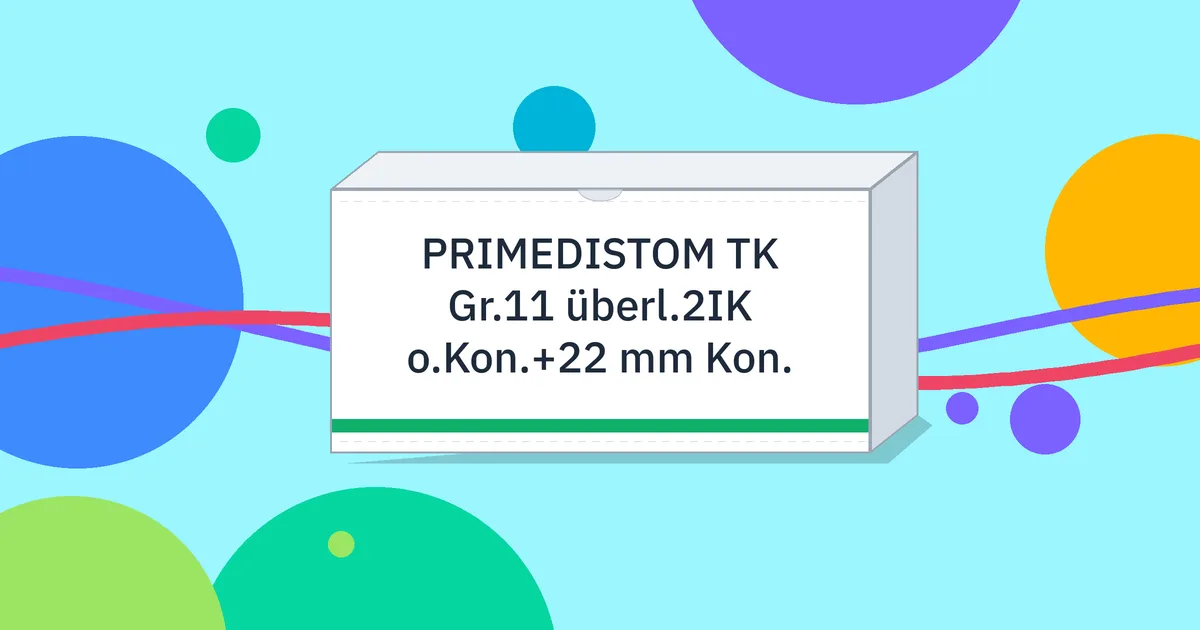 Symbolbild: Packung mit der Aufschrift PRIMEDISTOM TK Gr.11 überl.2IK o.Kon.+22 mm Kon. (PZN 10266377) – Verfügbarkeit und Bezug in Apotheken in Frankfurt am Main
