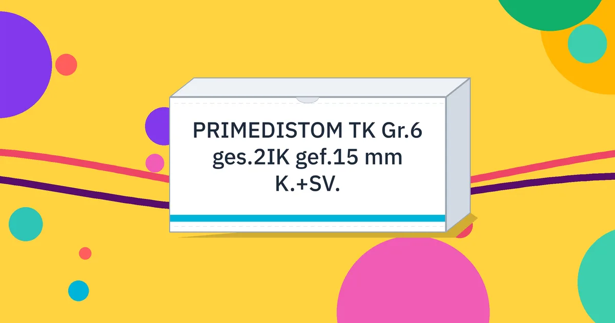 Symbolbild: Packung mit der Aufschrift PRIMEDISTOM TK Gr.6 ges.2IK gef.15 mm K.+SV. (PZN 10928223) – Verfügbarkeit und Bezug in Apotheken in Frankfurt am Main
