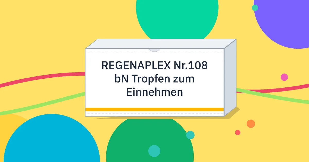 Symbolbild: Packung mit der Aufschrift REGENAPLEX Nr.108 bN Tropfen zum Einnehmen (PZN 04795278) – Verfügbarkeit und Bezug in Apotheken in Frankfurt am Main