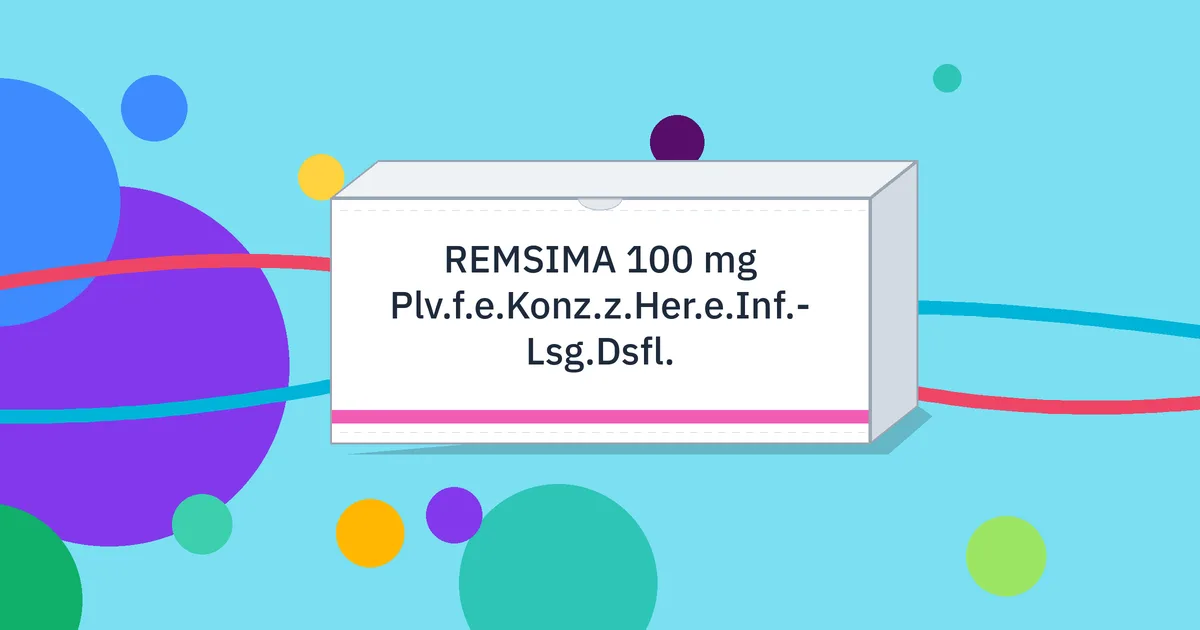 Symbolbild: Packung mit der Aufschrift REMSIMA 100 mg Plv.f.e.Konz.z.Her.e.Inf.-Lsg.Dsfl. (PZN 11512973) – Verfügbarkeit und Bezug in Apotheken in Frankfurt am Main