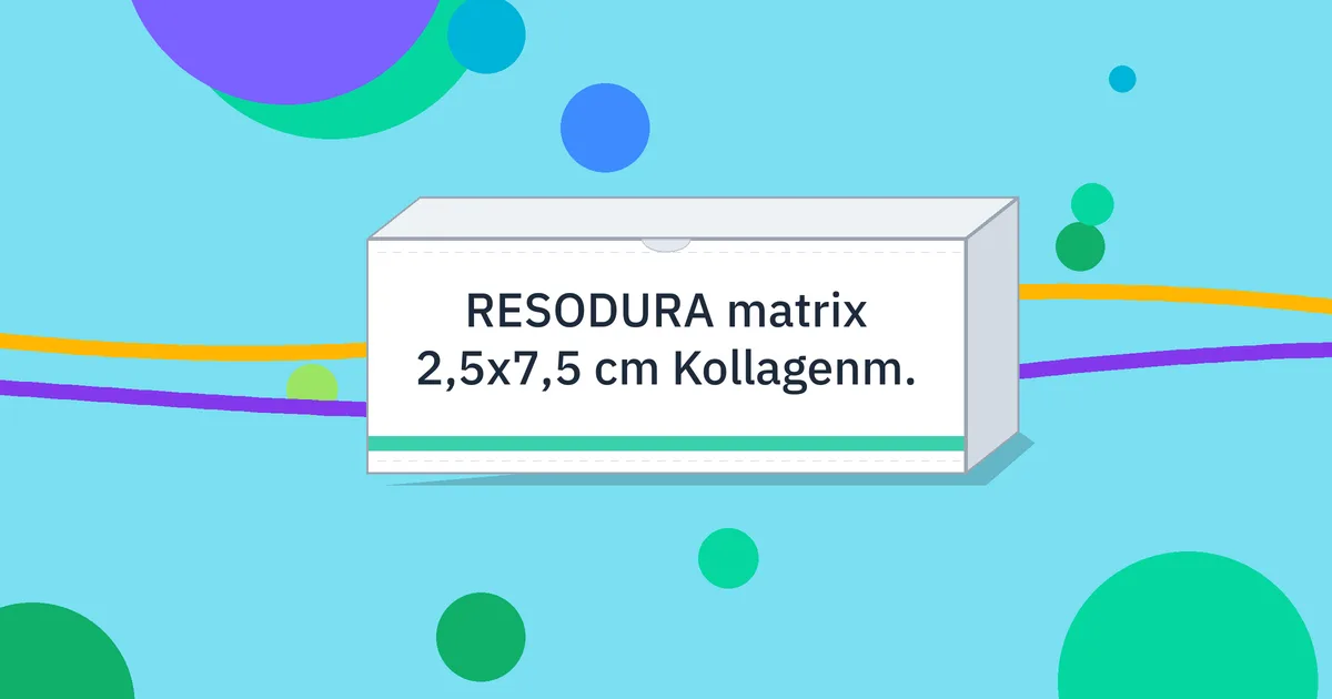 Symbolbild: Packung mit der Aufschrift RESODURA matrix 2,5x7,5 cm Kollagenm. (PZN 14303974) – Verfügbarkeit und Bezug in Apotheken in Frankfurt am Main