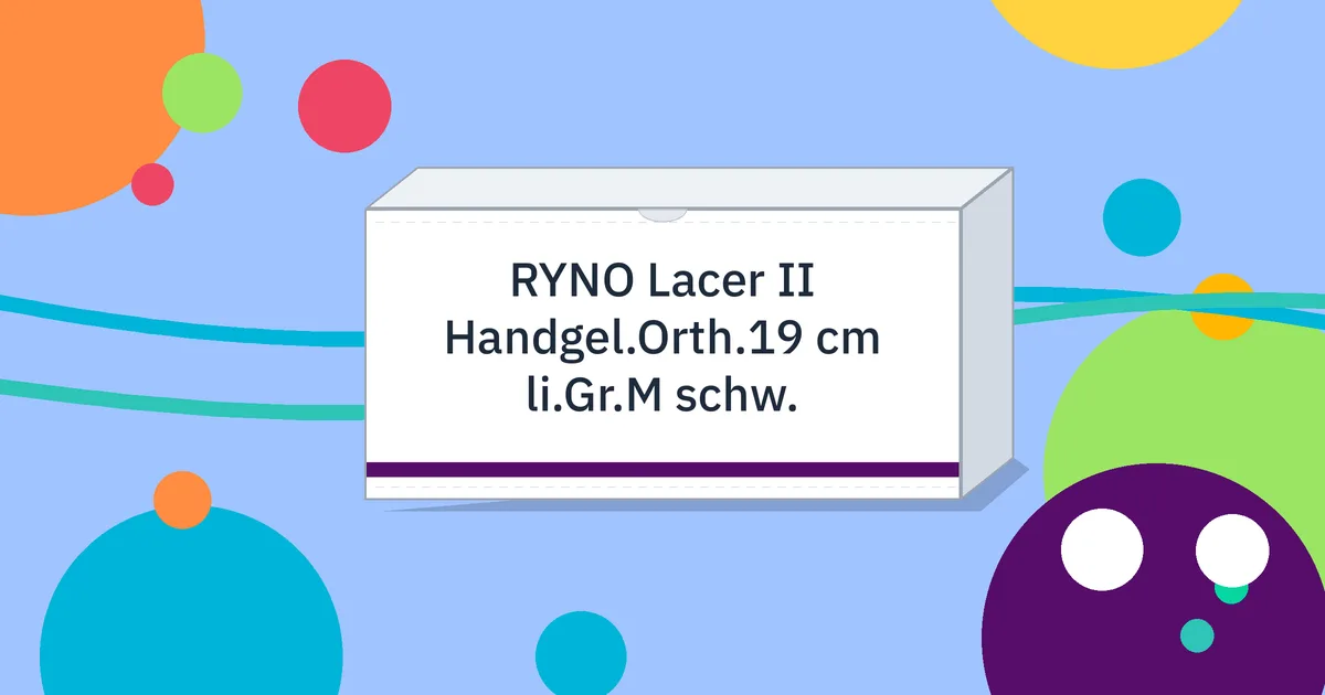 Symbolbild: Packung mit der Aufschrift RYNO Lacer II Handgel.Orth.19 cm li.Gr.M schw. (PZN 14048447) – Verfügbarkeit und Bezug in Apotheken in Frankfurt am Main