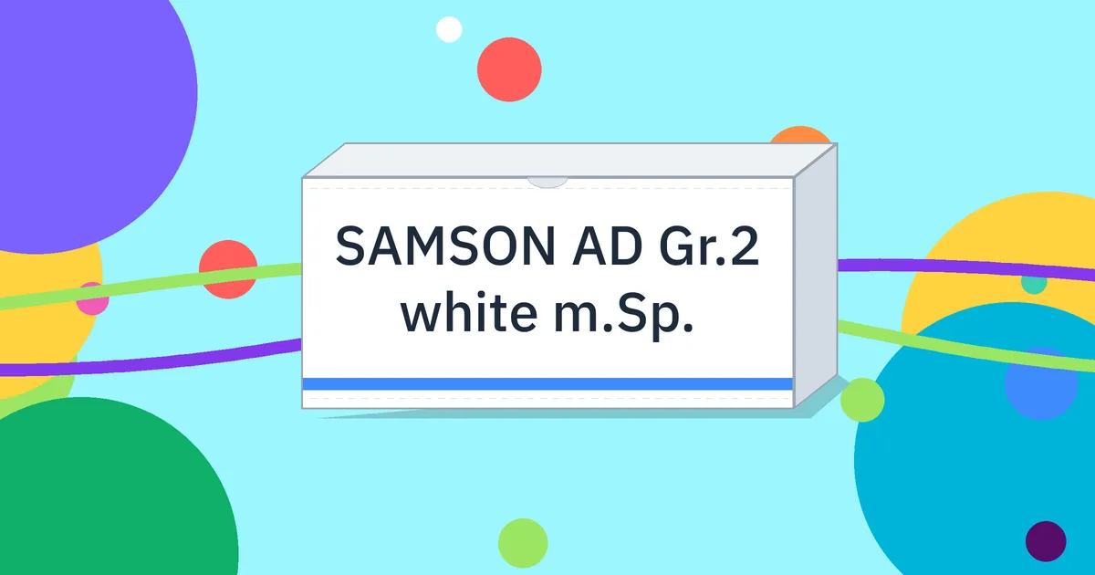 Symbolbild: Packung mit der Aufschrift SAMSON AD Gr.2 white m.Sp. (PZN 14248637) – Verfügbarkeit und Bezug in Apotheken in Frankfurt am Main