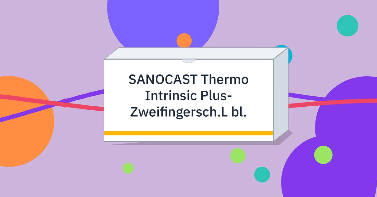 Symbolbild: Packung mit der Aufschrift SANOCAST Thermo Intrinsic Plus-Zweifingersch.L bl. (PZN 15260103) – Verfügbarkeit und Bezug in Apotheken in Frankfurt am Main