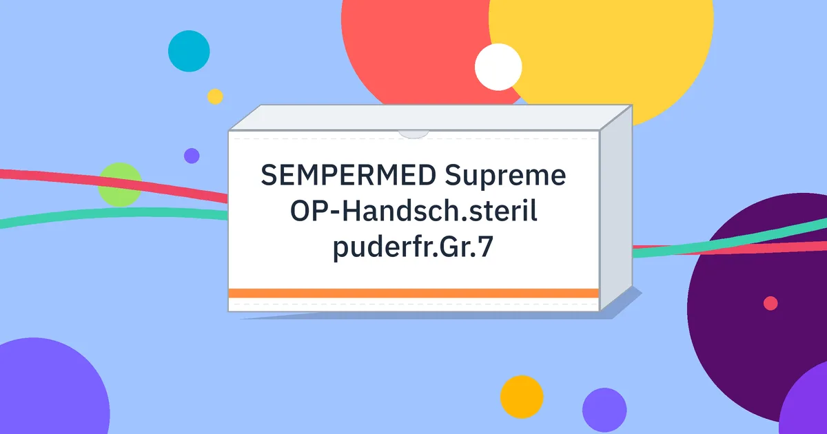 Symbolbild: Packung mit der Aufschrift SEMPERMED Supreme OP-Handsch.steril puderfr.Gr.7 (PZN 04200782) – Verfügbarkeit und Bezug in Apotheken in Frankfurt am Main