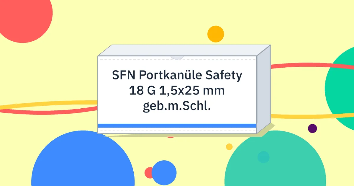 Symbolbild: Packung mit der Aufschrift SFN Portkanüle Safety 18 G 1,5x25 mm geb.m.Schl. (PZN 11094033) – Verfügbarkeit und Bezug in Apotheken in Frankfurt am Main