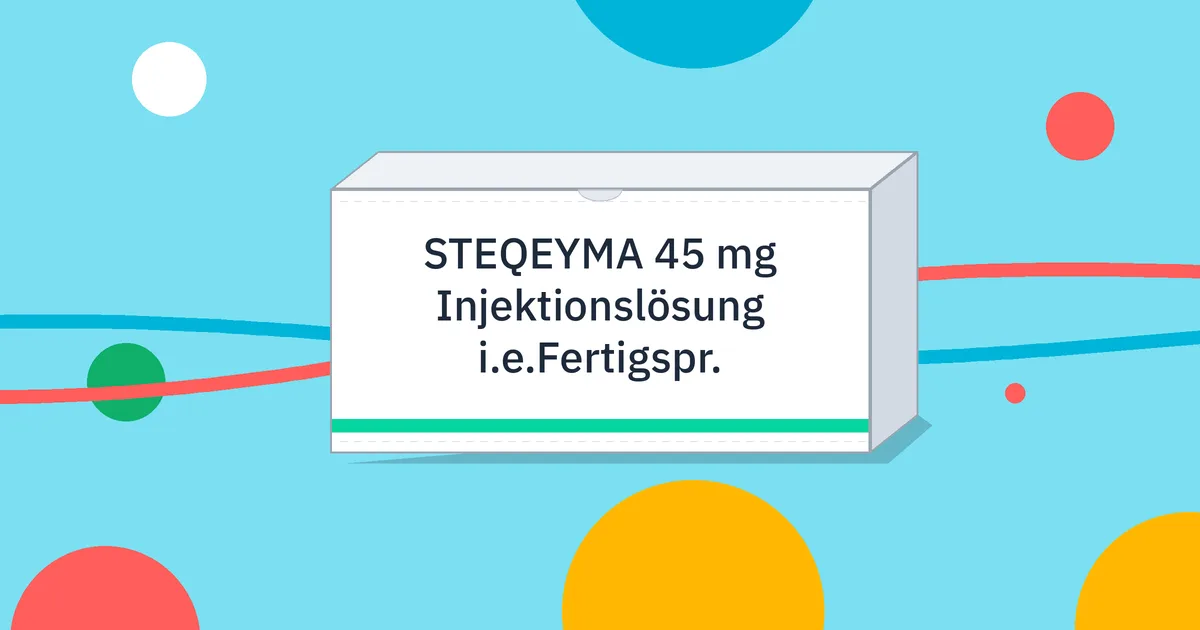 Symbolbild: Packung mit der Aufschrift STEQEYMA 45 mg Injektionslösung i.e.Fertigspr. (PZN 20133358) – Verfügbarkeit und Bezug in Apotheken in Frankfurt am Main