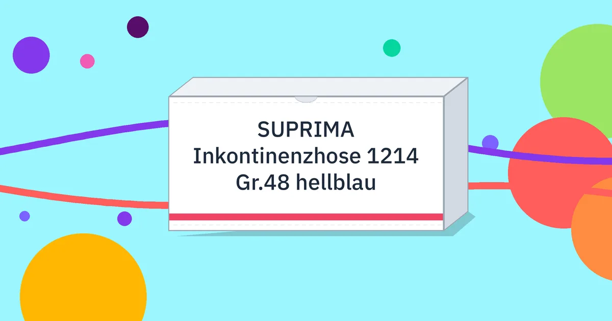Symbolbild: Packung mit der Aufschrift SUPRIMA Inkontinenzhose 1214 Gr.48 hellblau (PZN 03027494) – Verfügbarkeit und Bezug in Apotheken in Frankfurt am Main