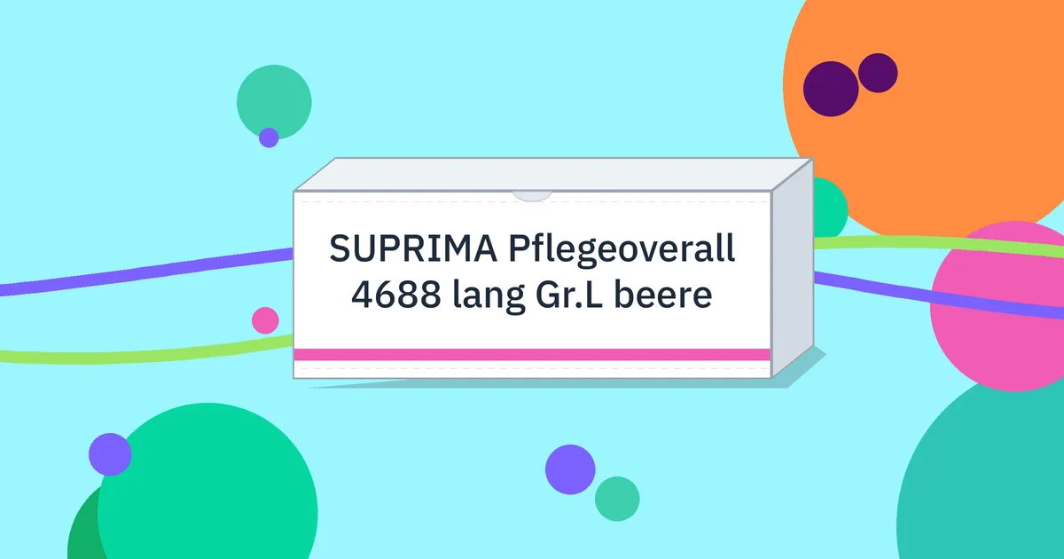 Symbolbild: Packung mit der Aufschrift SUPRIMA Pflegeoverall 4688 lang Gr.L beere (PZN 11660254) – Verfügbarkeit und Bezug in Apotheken in Frankfurt am Main