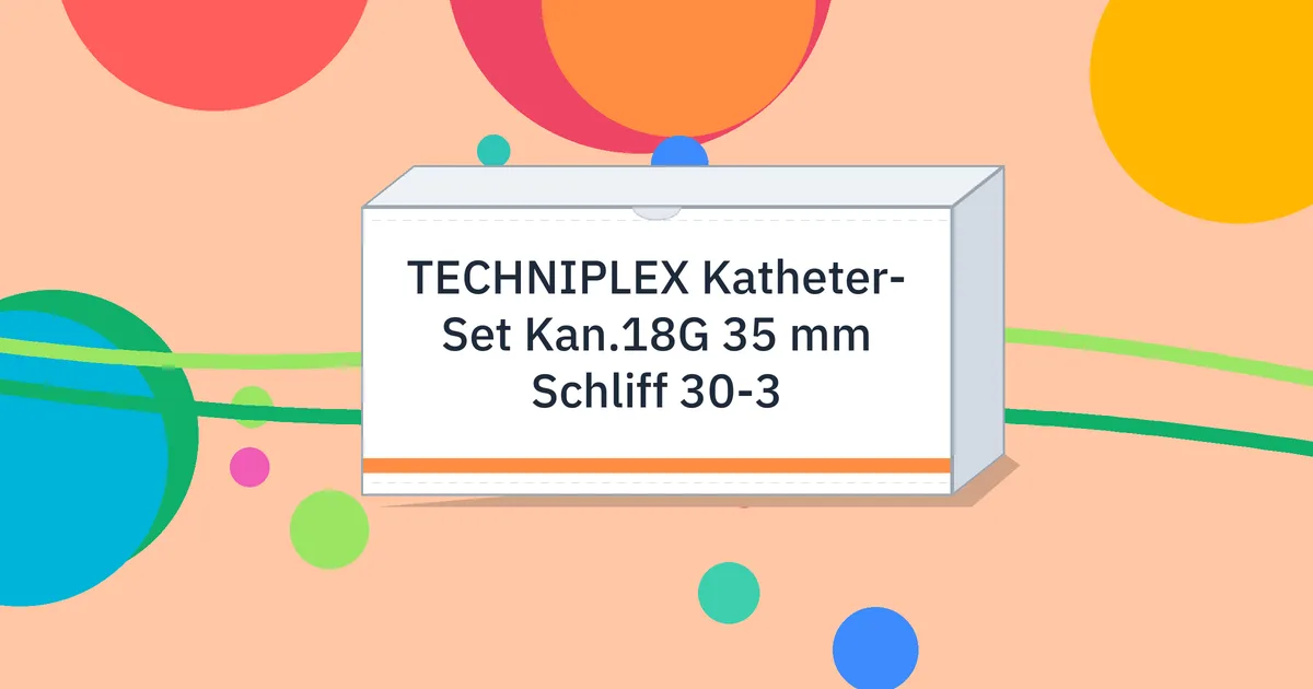 Symbolbild: Packung mit der Aufschrift TECHNIPLEX Katheter-Set Kan.18G 35 mm Schliff 30-3 (PZN 04481686) – Verfügbarkeit und Bezug in Apotheken in Frankfurt am Main