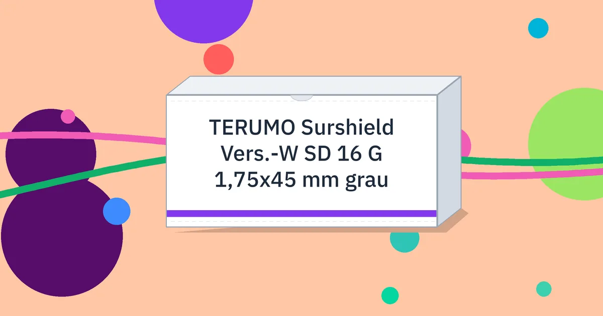 Symbolbild: Packung mit der Aufschrift TERUMO Surshield Vers.-W SD 16 G 1,75x45 mm grau (PZN 17630550) – Verfügbarkeit und Bezug in Apotheken in Frankfurt am Main