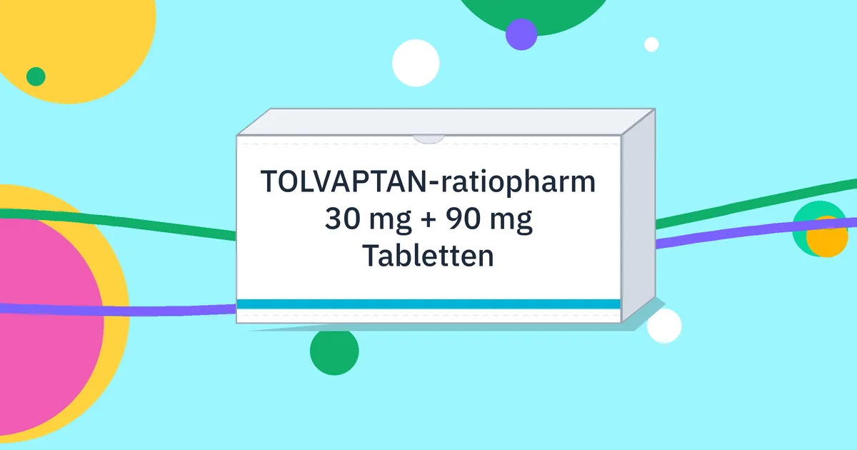 Symbolbild: Packung mit der Aufschrift TOLVAPTAN-ratiopharm 30 mg + 90 mg Tabletten (PZN 15821961) – Verfügbarkeit und Bezug in Apotheken in Frankfurt am Main