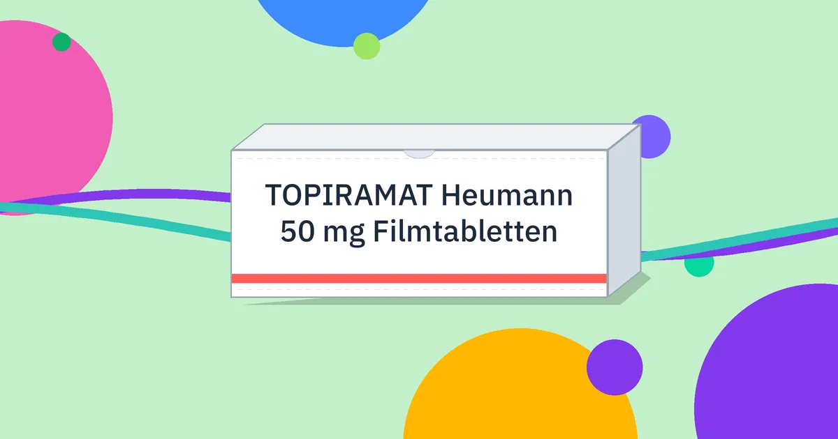 Symbolbild: Packung mit der Aufschrift TOPIRAMAT Heumann 50 mg Filmtabletten (PZN 03327664) – Verfügbarkeit und Bezug in Apotheken in Frankfurt am Main