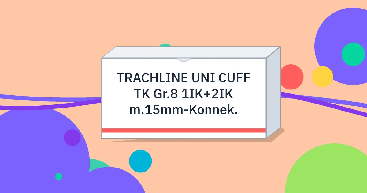 Symbolbild: Packung mit der Aufschrift TRACHLINE UNI CUFF TK Gr.8 1IK+2IK m.15mm-Konnek. (PZN 17156166) – Verfügbarkeit und Bezug in Apotheken in Frankfurt am Main