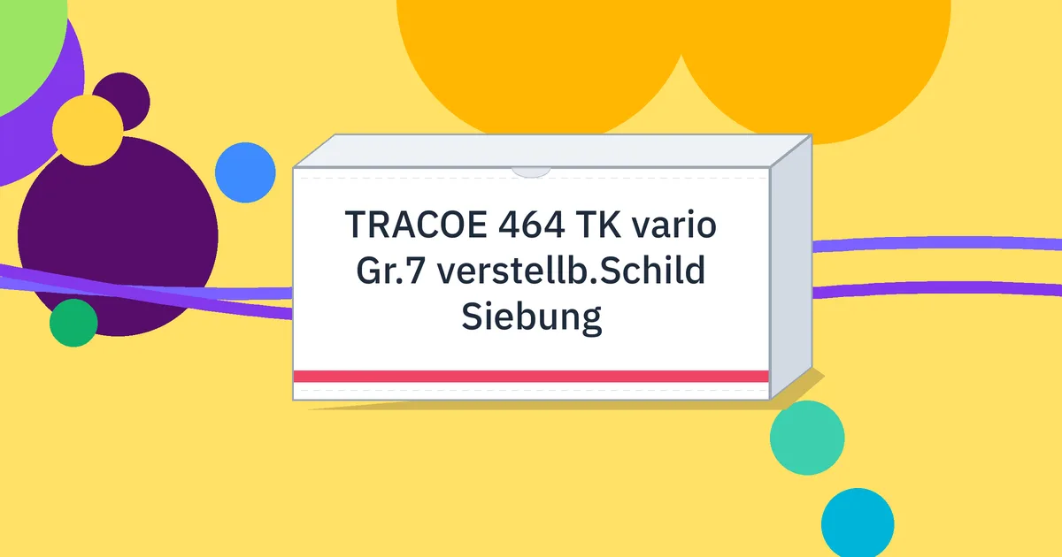 Symbolbild: Packung mit der Aufschrift TRACOE 464 TK vario Gr.7 verstellb.Schild Siebung (PZN 11857376) – Verfügbarkeit und Bezug in Apotheken in Frankfurt am Main