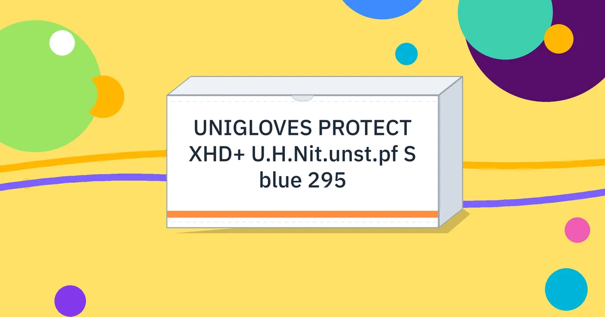 Symbolbild: Packung mit der Aufschrift UNIGLOVES PROTECT XHD+ U.H.Nit.unst.pf S blue 295 (PZN 20300483) – Verfügbarkeit und Bezug in Apotheken in Frankfurt am Main