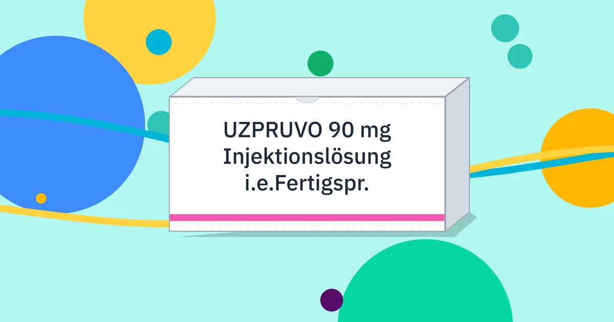 Symbolbild: Packung mit der Aufschrift UZPRUVO 90 mg Injektionslösung i.e.Fertigspr. (PZN 19777062) – Verfügbarkeit und Bezug in Apotheken in Frankfurt am Main