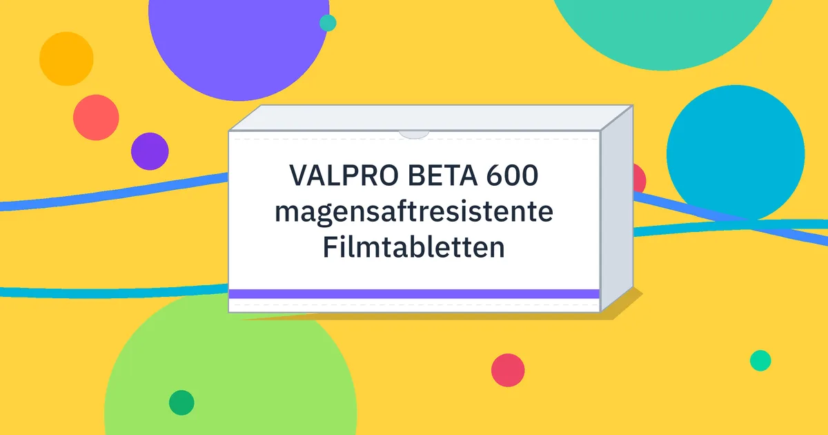 Symbolbild: Packung mit der Aufschrift VALPRO BETA 600 magensaftresistente Filmtabletten (PZN 01401362) – Verfügbarkeit und Bezug in Apotheken in Frankfurt am Main