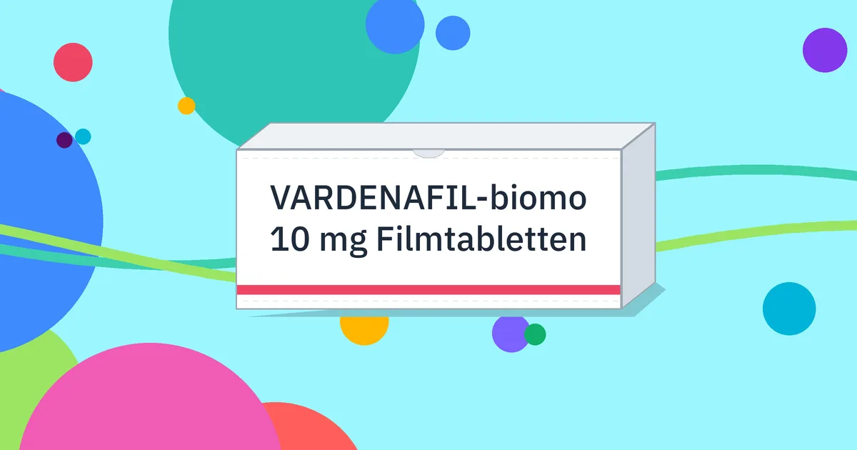 Symbolbild: Packung mit der Aufschrift VARDENAFIL-biomo 10 mg Filmtabletten (PZN 14413208) – Verfügbarkeit und Bezug in Apotheken in Frankfurt am Main