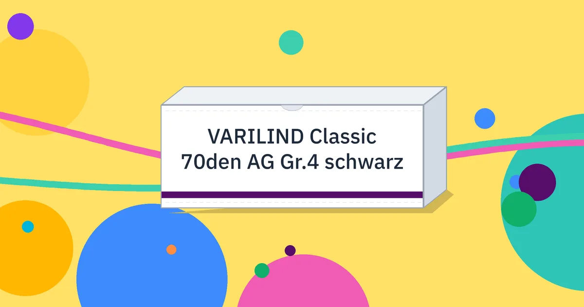 Symbolbild: Packung mit der Aufschrift VARILIND Classic 70den AG Gr.4 schwarz (PZN 09521628) – Verfügbarkeit und Bezug in Apotheken in Frankfurt am Main