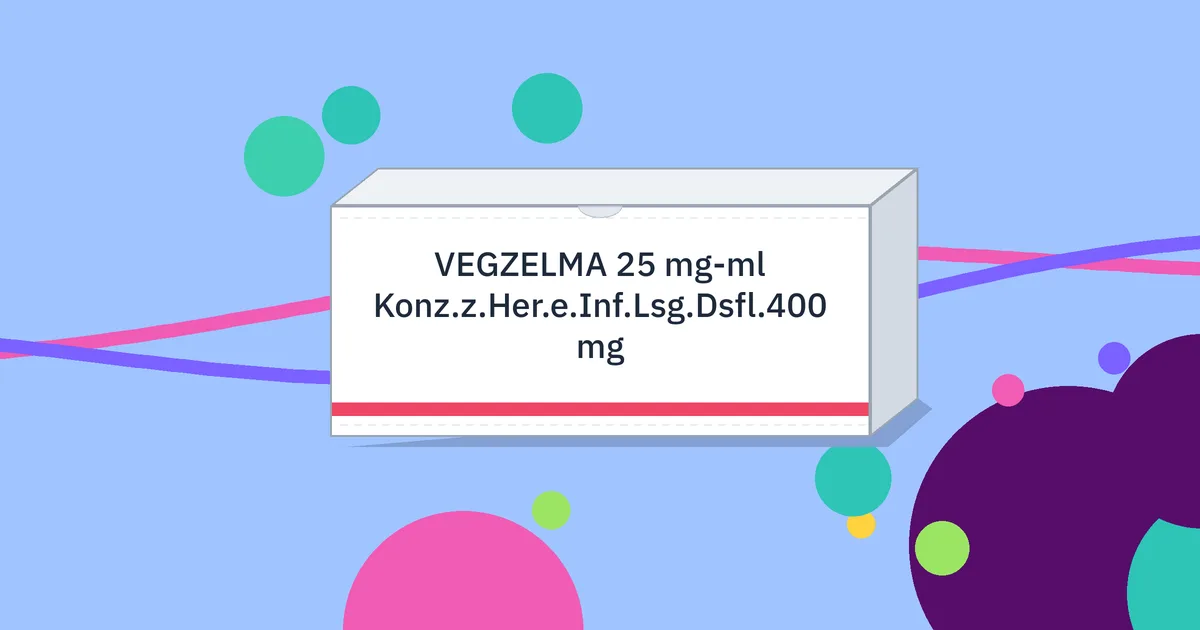 Symbolbild: Packung mit der Aufschrift VEGZELMA 25 mg-ml Konz.z.Her.e.Inf.Lsg.Dsfl.400 mg (PZN 19374973) – Verfügbarkeit und Bezug in Apotheken in Frankfurt am Main