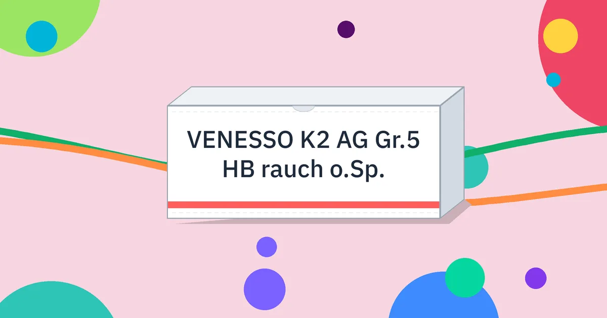 Symbolbild: Packung mit der Aufschrift VENESSO K2 AG Gr.5 HB rauch o.Sp. (PZN 03264834) – Verfügbarkeit und Bezug in Apotheken in Frankfurt am Main