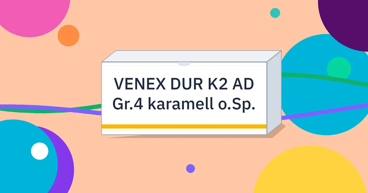 Symbolbild: Packung mit der Aufschrift VENEX DUR K2 AD Gr.4 karamell o.Sp. (PZN 13757466) – Verfügbarkeit und Bezug in Apotheken in Frankfurt am Main