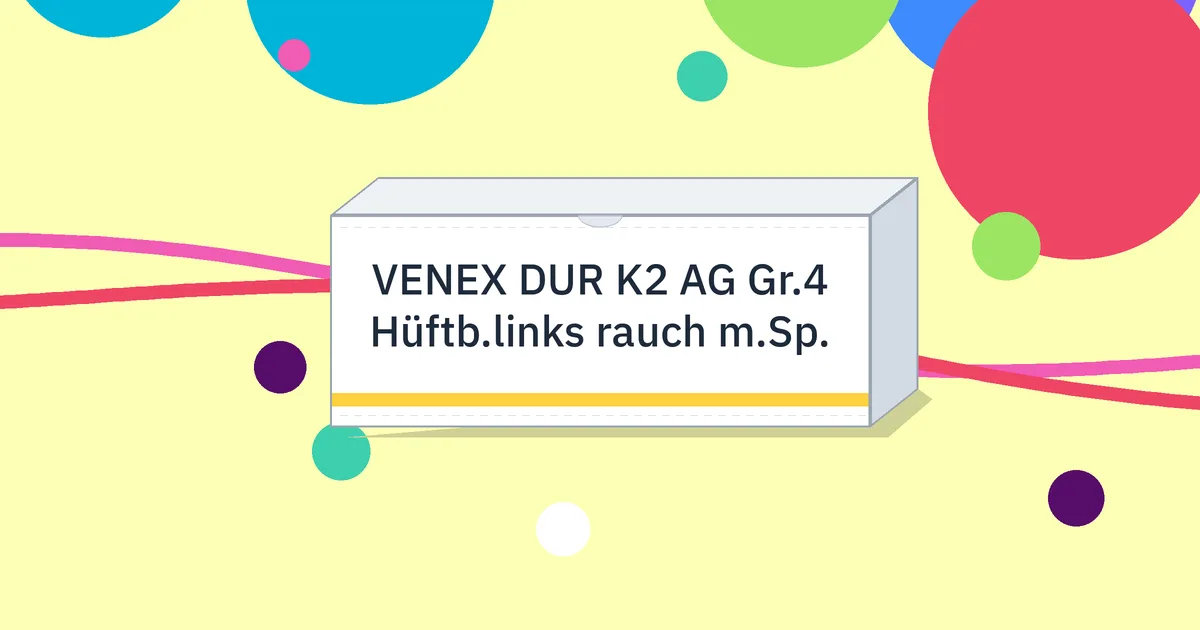 Symbolbild: Packung mit der Aufschrift VENEX DUR K2 AG Gr.4 Hüftb.links rauch m.Sp. (PZN 03225538) – Verfügbarkeit und Bezug in Apotheken in Frankfurt am Main